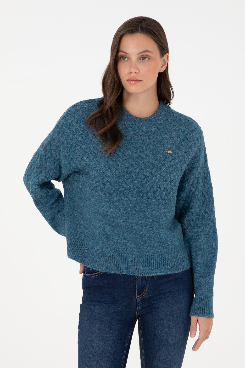 Pulover Dama Albastru Cu Model Si Textura Poroasa U.S. Polo Assn. Romania